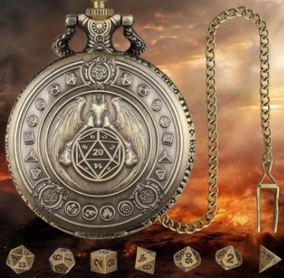 Bronze Pterosaur DND Pocket Watch with Mini Metal Dice Set – Gators ...